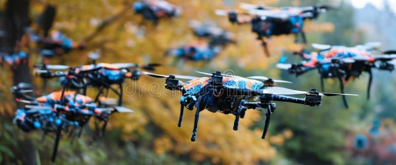 Swarm of Colorful Drones Flying in Autumn Forest Setting Stock Photo ...