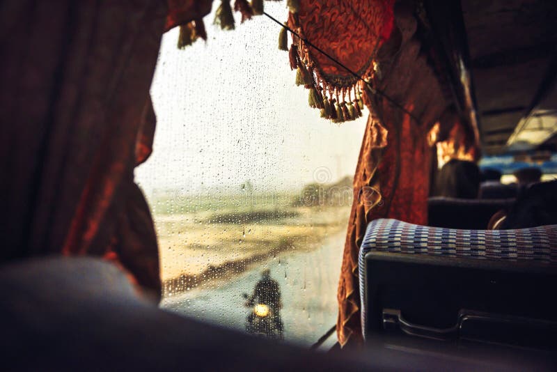 Multiple Drops Of Water On A Bus Window In The Road To Phnom Pe Stock