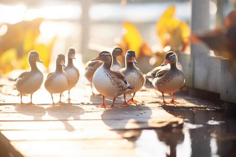 Multiple Ducks Lined Up on a Sunlit Dock Stock Illustration ...