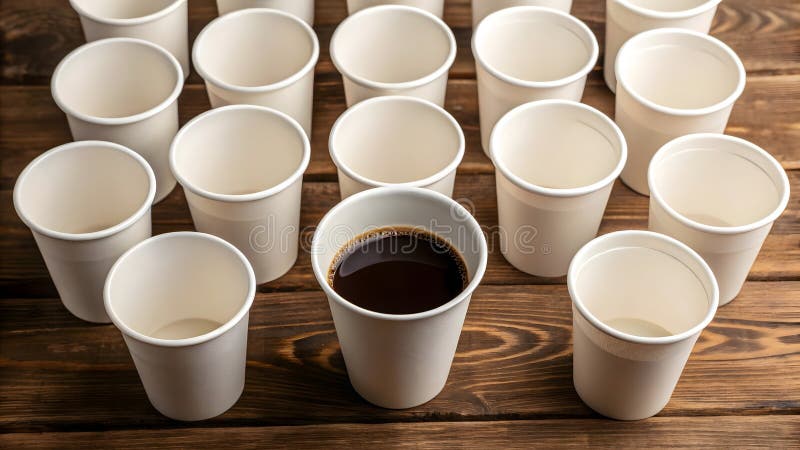 Multiple Empty Cups with One Filled Cup of Coffee on Wooden Table Stock ...