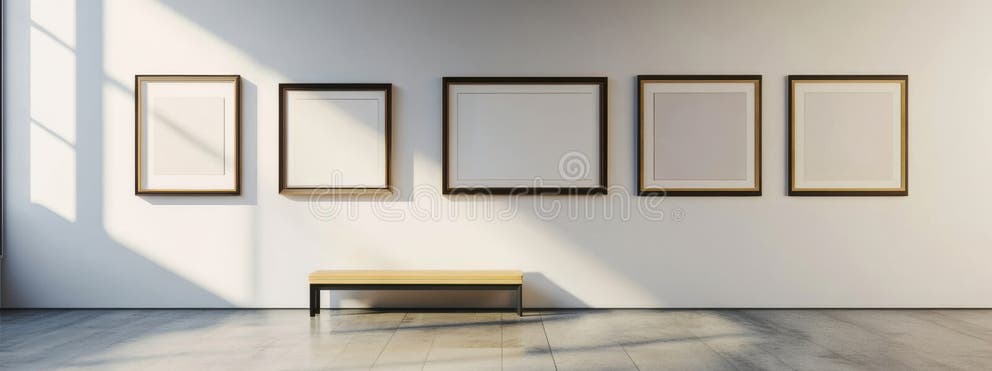 Multiple Empty Frames on a Bright Wall in a Contemporary Gallery during ...