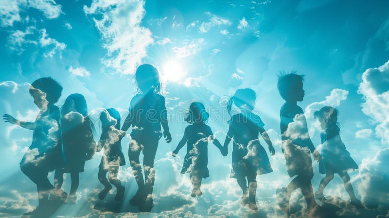 Multiple Exposure of Children Playing Together, with Blue Sky Cloud ...