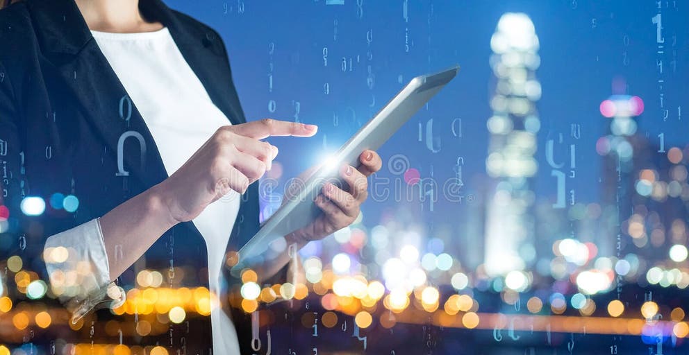 Multiple Exposure of Female Programmer with Tablet, Digital Binary Code ...