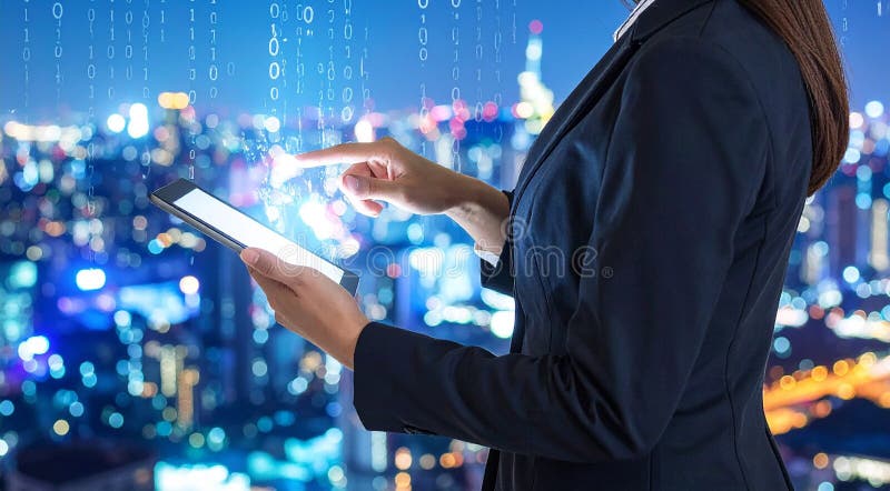 Multiple Exposure of Female Programmer with Tablet, Digital Binary Code ...