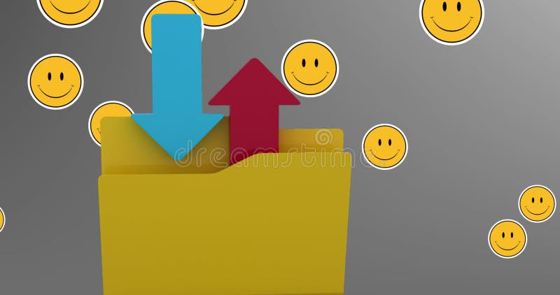 Multiple Face Emojis Floating Against Upload and Download Icon on Grey ...