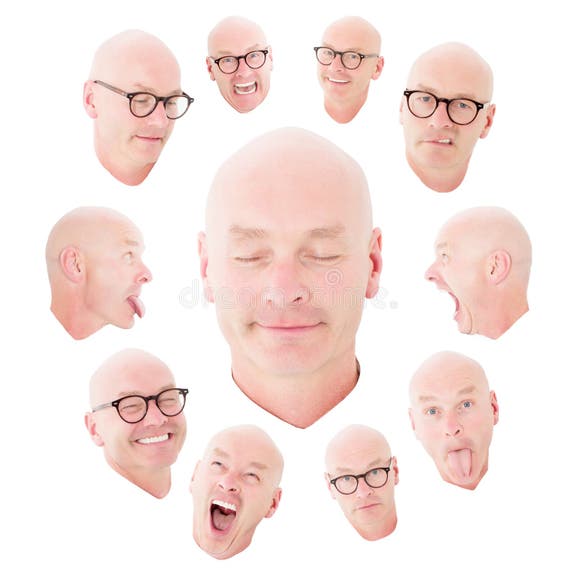 Multiple Faces of a Bald Man Stock Photo - Image of head, happy: 61186516