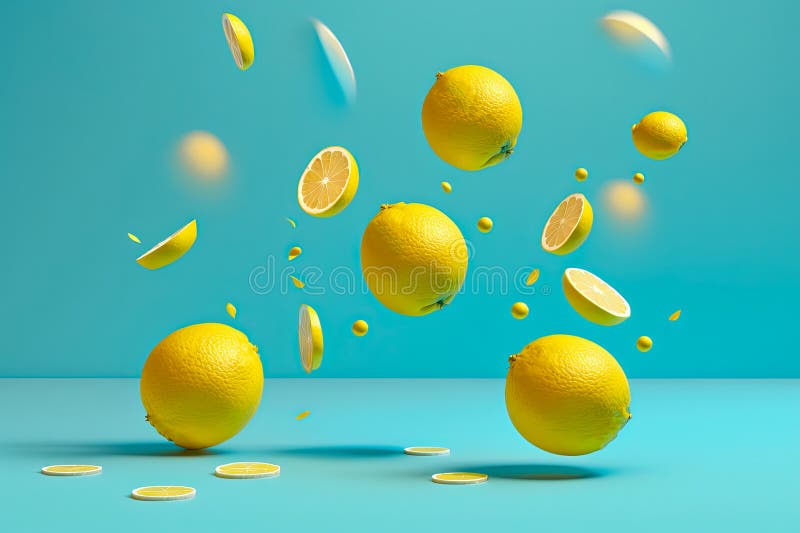 Multiple Falling Lemons Against Pastel Blue Background. Generative AI ...