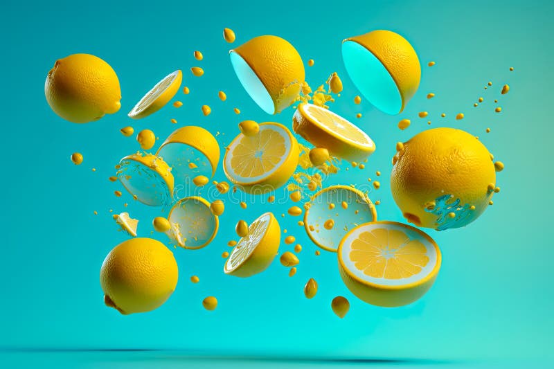 Multiple Falling Lemons Against Pastel Blue Background. Generative AI ...