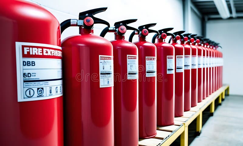 Multiple Fire Extinguishers Lined Up in Rows within a Storage Facility ...
