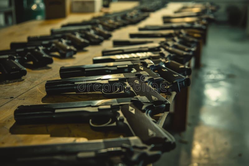 Multiple Firearms are Neatly Arranged on a Table, Guns Lined Up Neatly ...