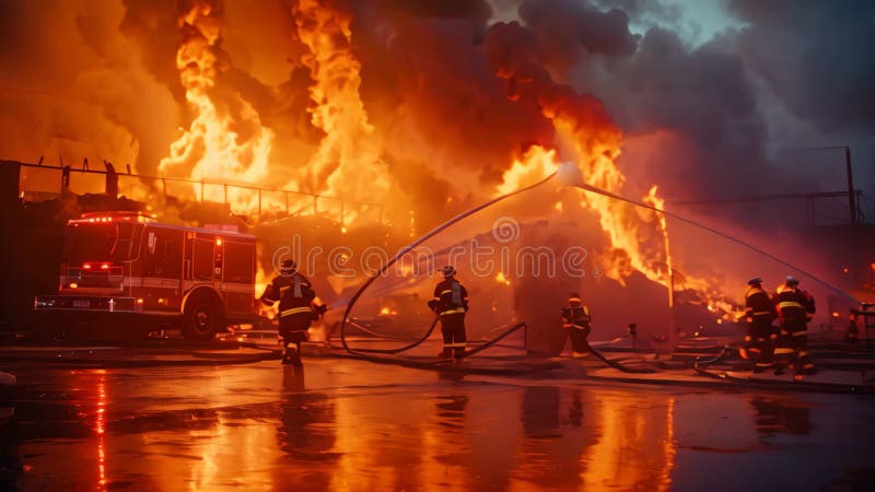 Multiple Firefighters Standing Together As they Face a Blazing Fire ...