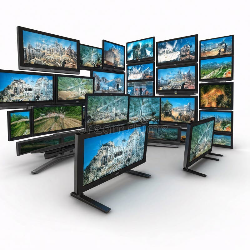 Many Different Images on the Wall of the TV. 3D Illustration Front View ...