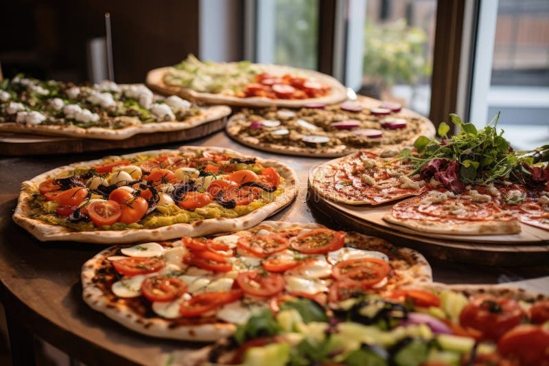 Multiple Flatbread Pizzas with Various Toppings on a Buffet Table Stock ...