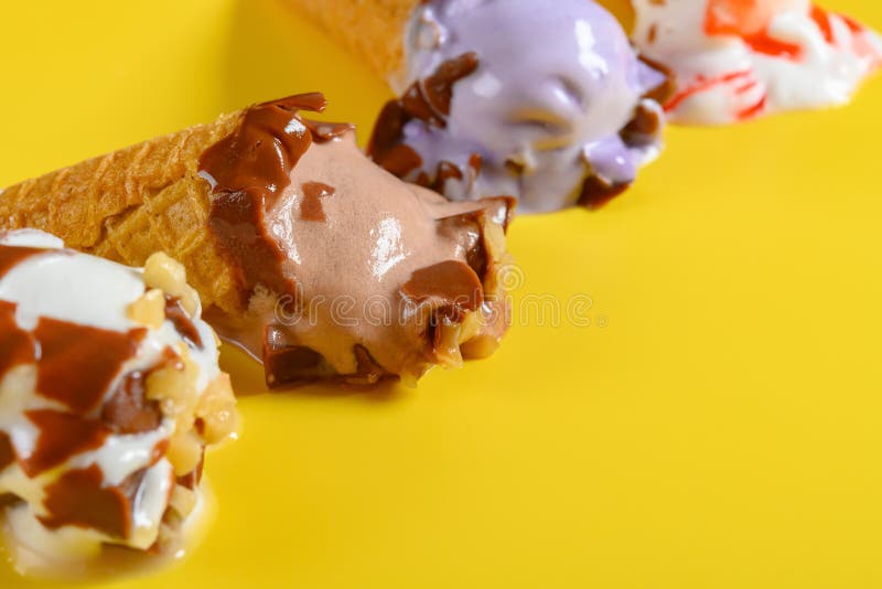 Multiple Flavor Ice Cream Cones Melted Stock Image - Image of dessert ...