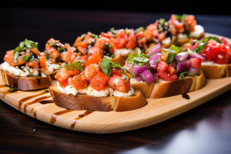 Multiple Flavors of Bruschetta, Featuring a Shrimp Variant Stock Image ...