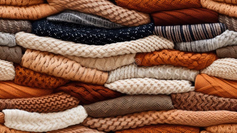 Multiple Folded Knitted Wool Sweaters in Various Earthy Tones To Form a ...