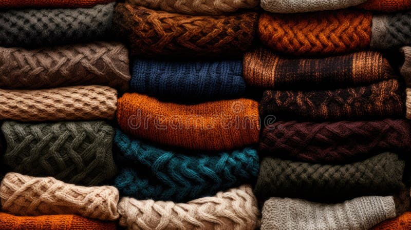 Multiple Folded Knitted Wool Sweaters in Various Earthy Tones To Form a ...