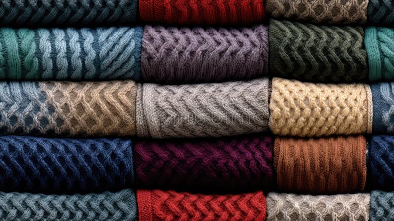 Multiple Folded Knitted Wool Sweaters in Various Earthy Tones To Form a ...