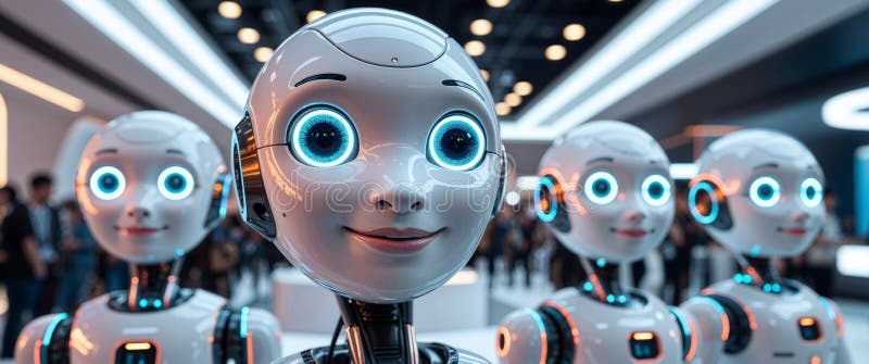 Multiple Futuristic Robots with Friendly Faces Displayed in a Modern ...