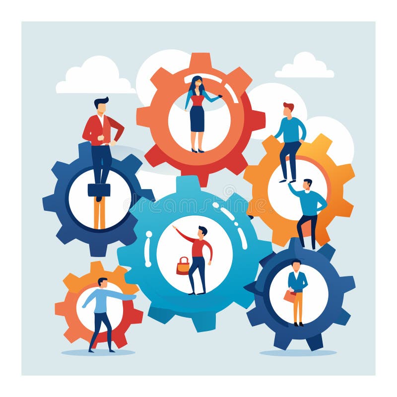 Multiple Gears Interconnected with Workers Standing on Each Gear, Stock ...