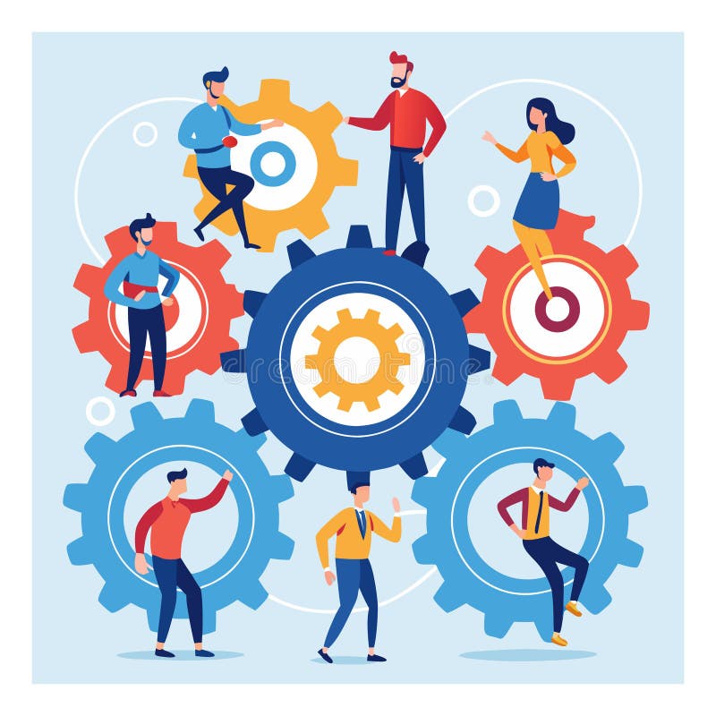 Multiple Gears Interconnected with Workers Standing on Each Gear ...