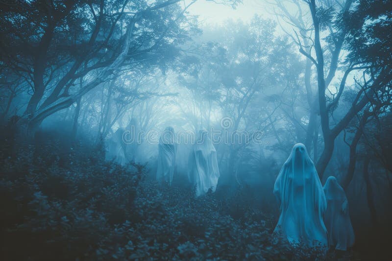 Multiple Ghosts Moving through Misty Forest Setting, Ghosts Floating ...