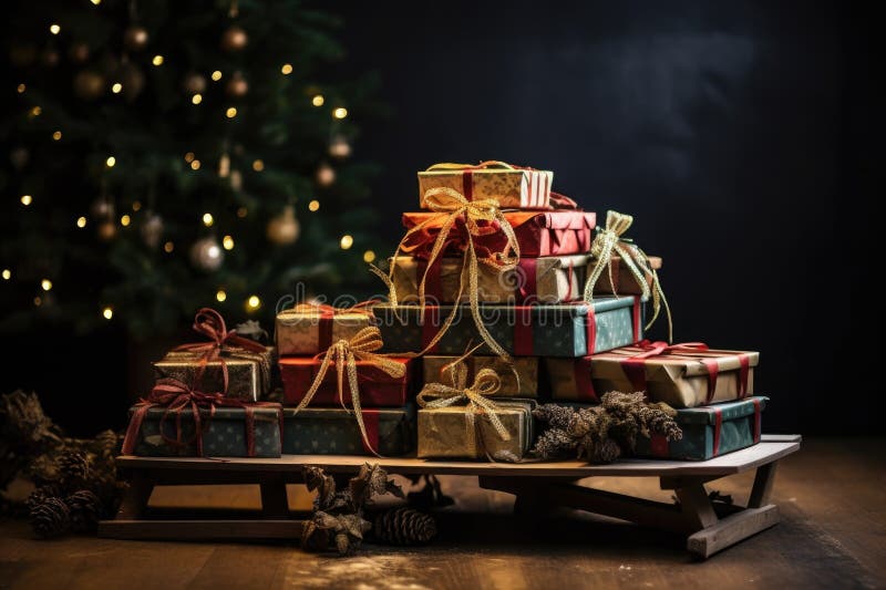 Multiple Gift Boxes Stacked on a Wooden Sleigh Stock Photo - Image of ...