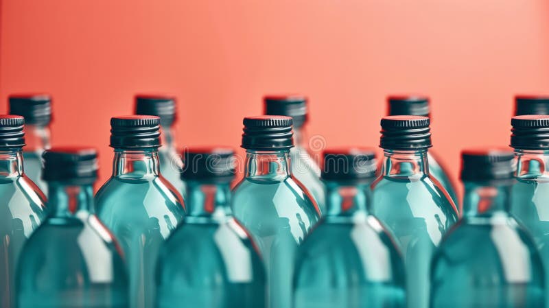 Multiple Glass Bottles with Black Caps in Rows, Red Background. Stock ...