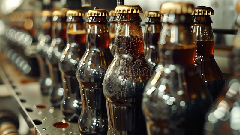 Multiple Glass Bottles are Filled with a Carbonated Beverage Ready for ...