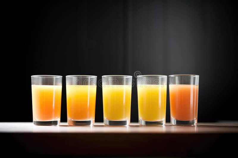 Multiple Glasses of Carrot Juice Lined Up, Gradient of Color Shades ...