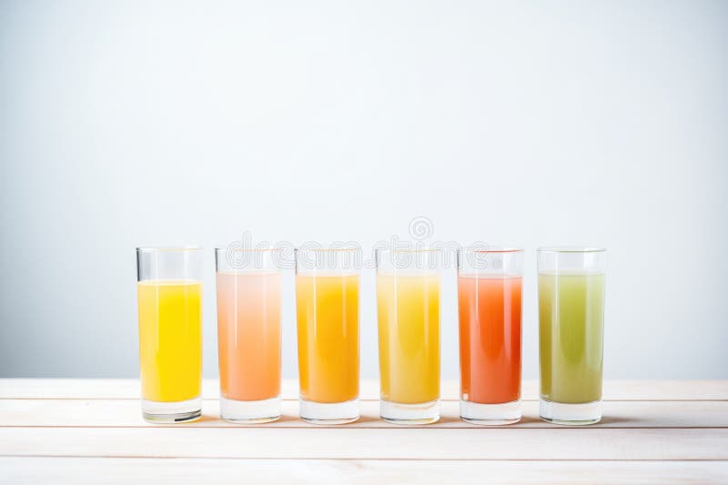 Multiple Glasses of Carrot Juice Lined Up, Gradient of Color Shades ...