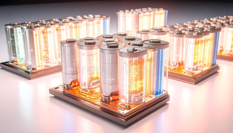 Multiple Glowing Battery Cells on Platforms, Symbolizing Energy and ...