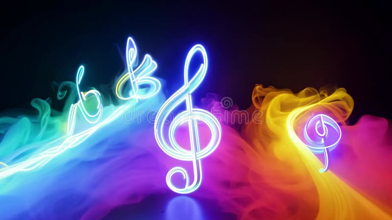 Multiple Glowing Neon Musical Notes and Symbols in Various Colors on a ...