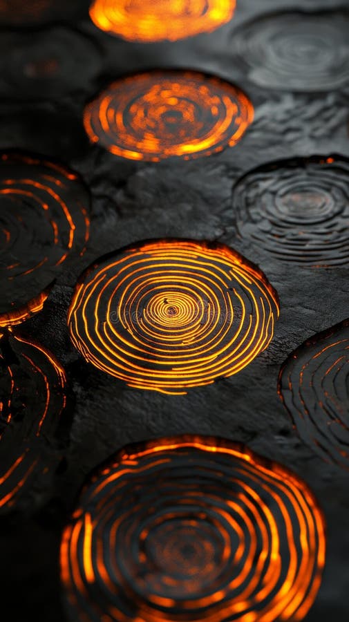Multiple Glowing Orange Circular Patterns on Textured Dark Surface ...