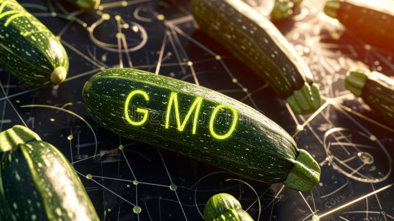 Multiple GMO Zucchinis with Glowing Labels on Grid Backdrop Stock Photo ...
