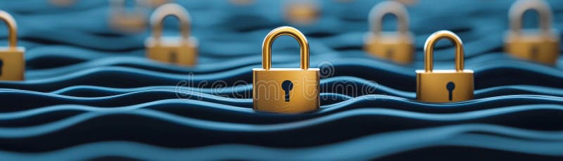 Cybersecurity Data Protection Gold Padlocks Floating on Blue Waves ...