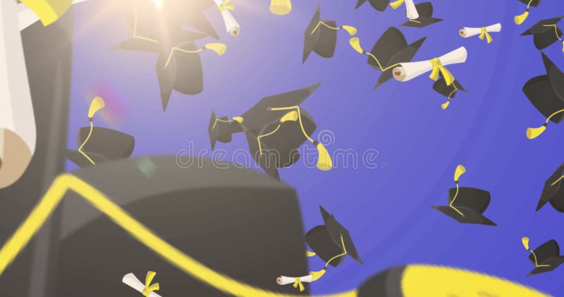 Multiple Graduation Hat and Diploma Icons Falling Against Blue ...