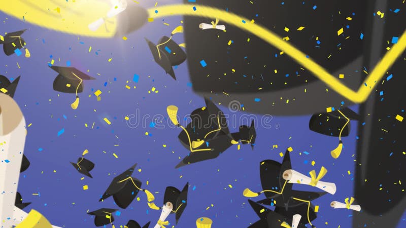 Multiple Graduation Hat and Diploma Icons Moving Over Confetti Falling ...