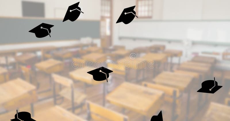 Multiple Graduation Hat Icons Falling Against View of Empty Classroom ...