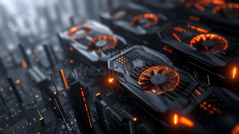 Multiple Graphics Cards with Orange LED Lighting in a Tech Setup Stock ...