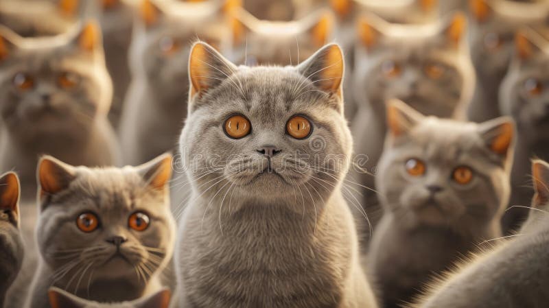Multiple Grey Cats with Intense Eyes Closeup of a Group of Identical ...