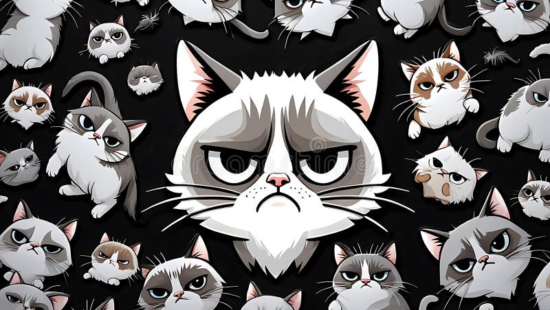 Multiple Grumpy Cat Illustrations on Black Background Stock Illustration - Illustration of ...