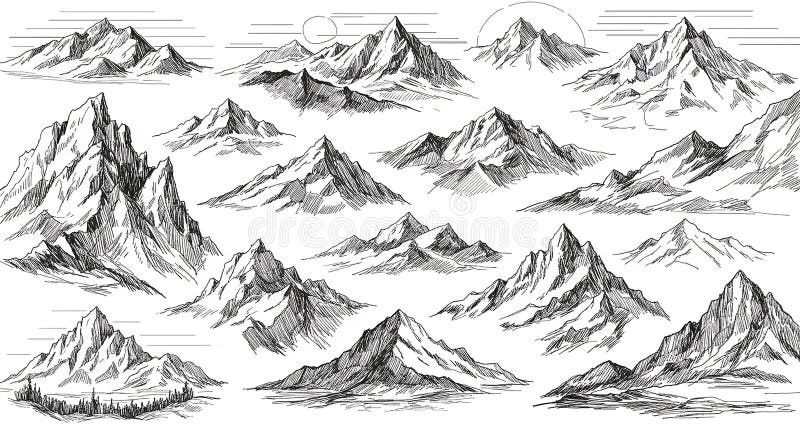 Multiple Hand-drawn Mountain Sketches in Varying Styles and Sizes ...