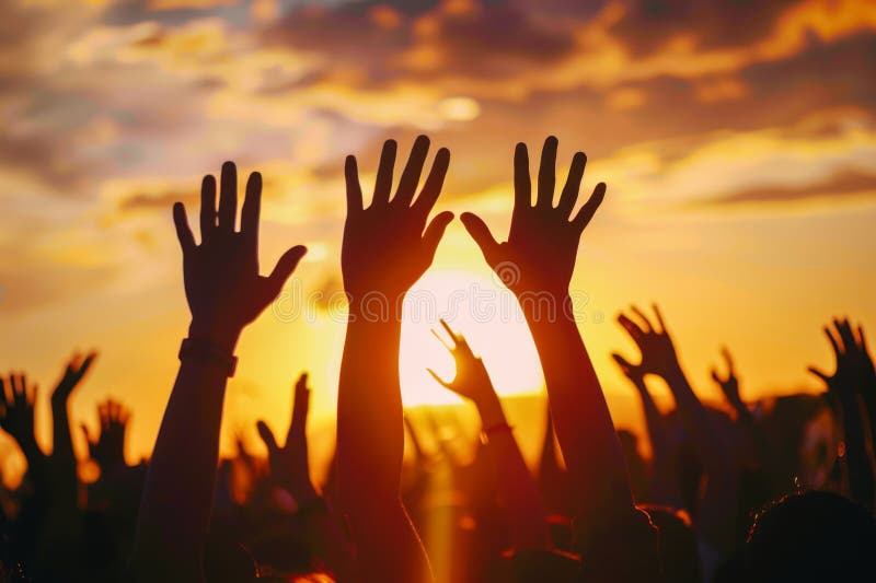 Multiple Hands in the Air Against a Vibrant Sunset, Highlighting Themes ...