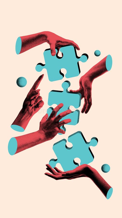Multiple Hands Connecting Puzzle Pieces in Surreal, Abstract Space ...