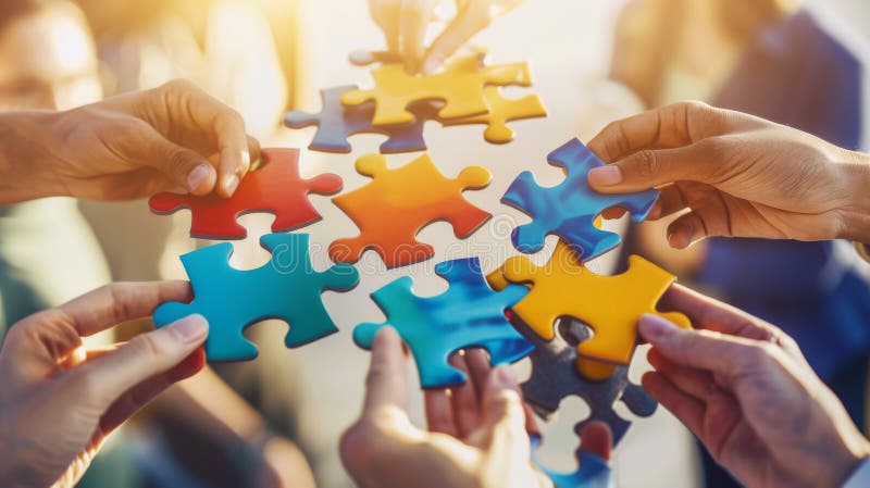 Multiple Hands of Diverse People are Connecting Colorful Puzzle Pieces ...