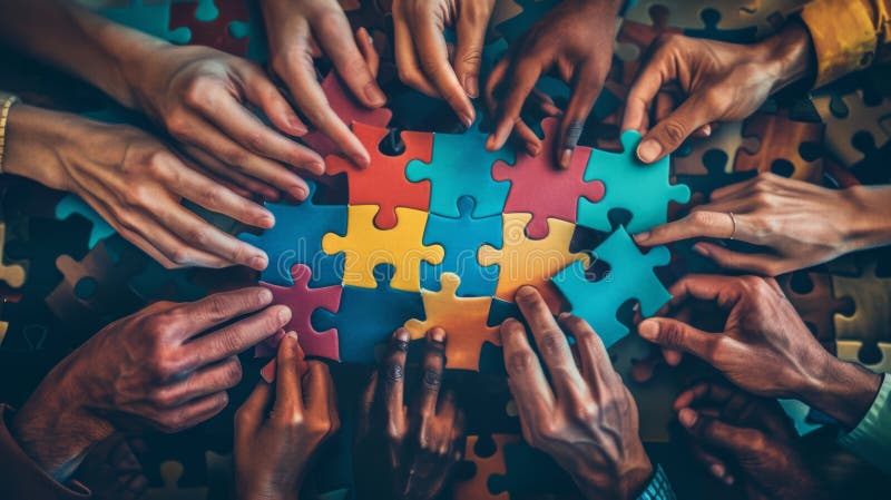 Multiple Hands of Diverse People are Connecting Colorful Puzzle Pieces ...