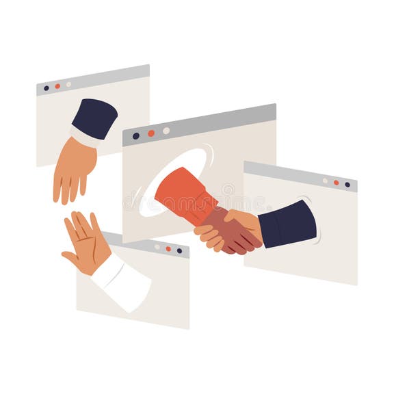 Virtual Handshake through Browser Windows in Flat Vector Illustration ...