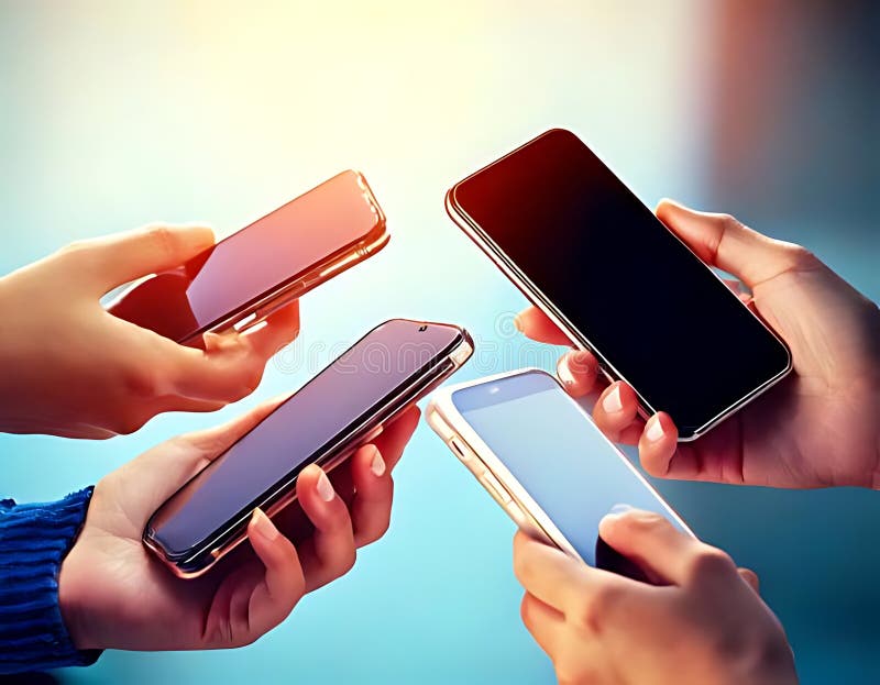 Multiple Hands Hold Various Smartphones, Together, Representing Modern Mobile Connectivity Usage ...