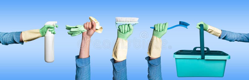 Multiple Hands Holding Different Tools for Housekeeping Banner. Spring ...